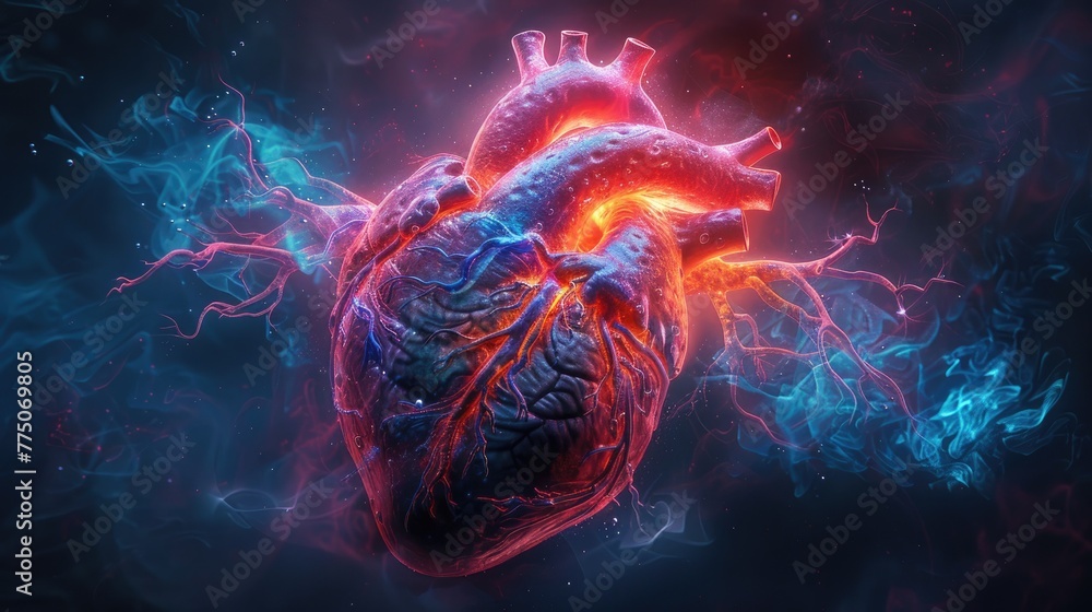 Digital drawing of a human heart with intricate details, pulsing with ...