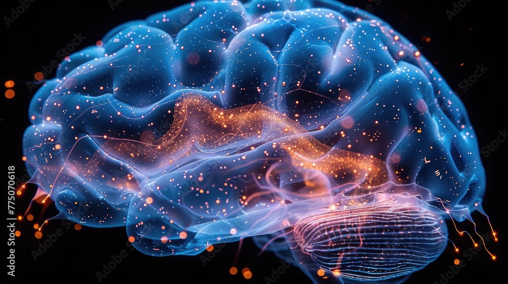 MRI scan of a brain with glowing areas indicating abnormalities ...