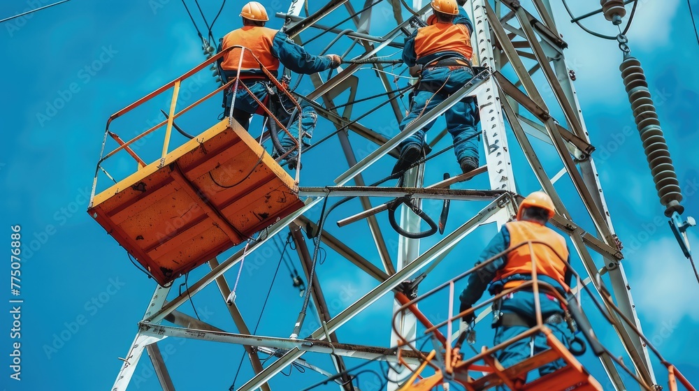 A workers with crane is working on the transmission tower of a high ...
