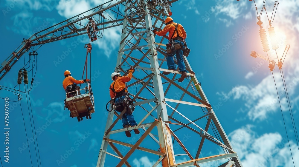 A workers with crane is working on the transmission tower of a high ...