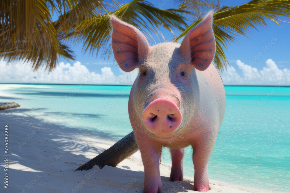 Floating tame pigs on white sand beach. A trip to Bahamas. Exuma pig ...