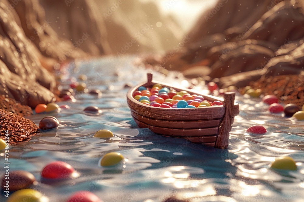 Whimsical chocolate river, unique candy boat, photorealistic, vibrant ...