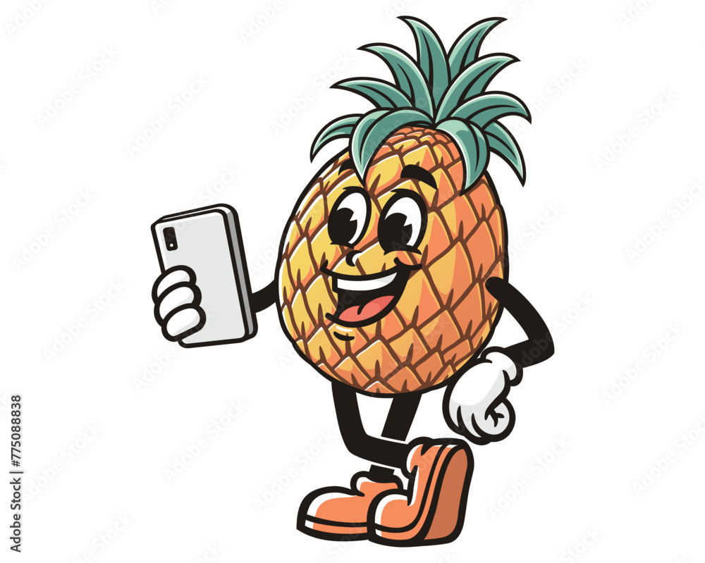 Pineapple holding gadget cartoon mascot illustration character vector ...