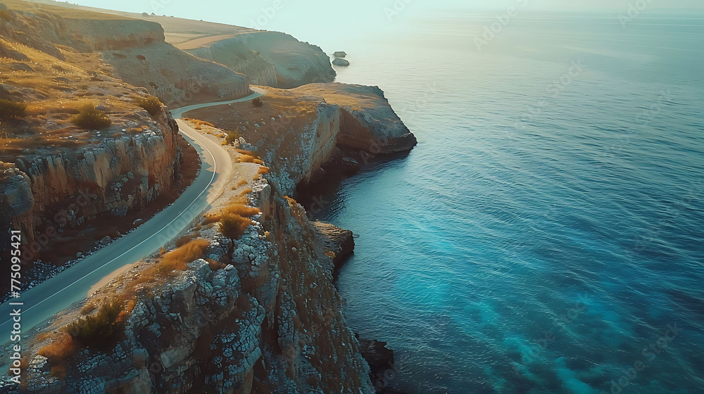 An aerial view of winding coastal roads hugging cliffside edges Stock ...