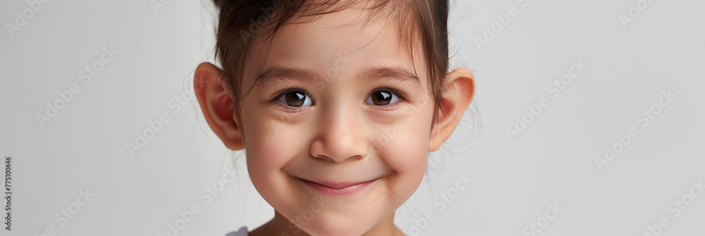 Cute young child with prominent protruding ears on a light background ...
