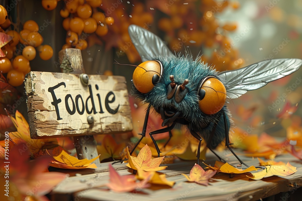 cartoon pesky fly buzzing around a picnic table, big sign reading ...