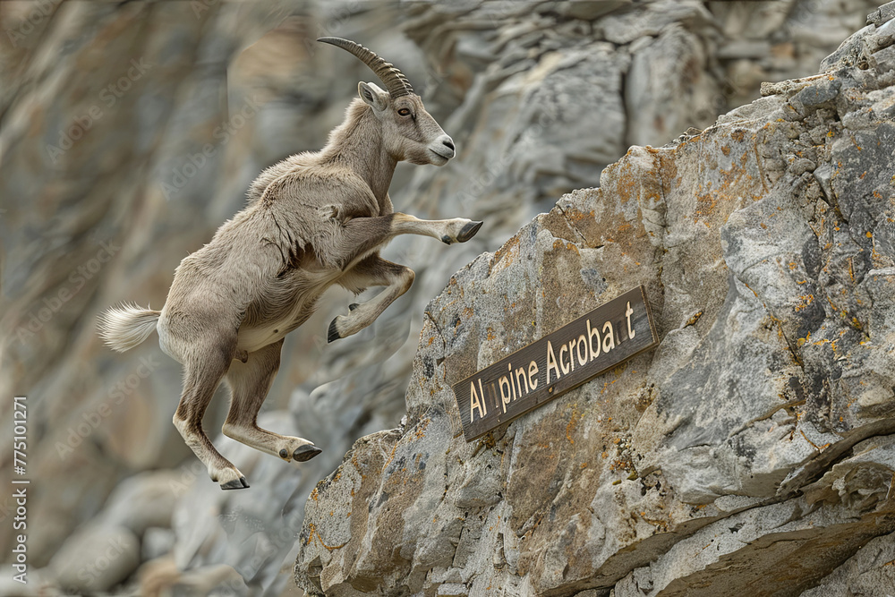 nimble ibex leaping across craggy mountain slopes, its sign reading ...
