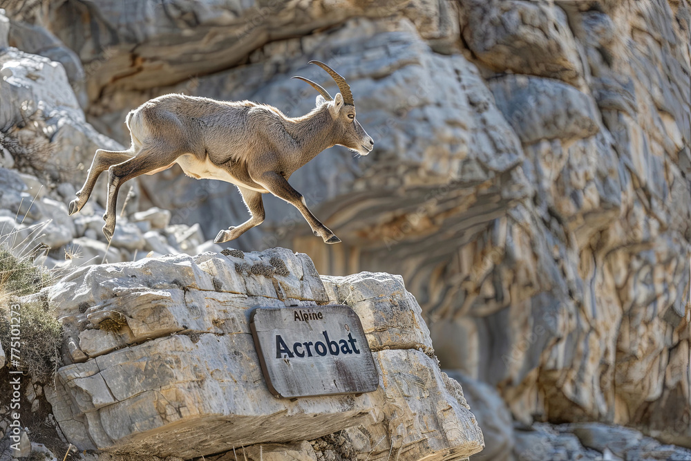 nimble ibex leaping across craggy mountain slopes, its sign reading ...