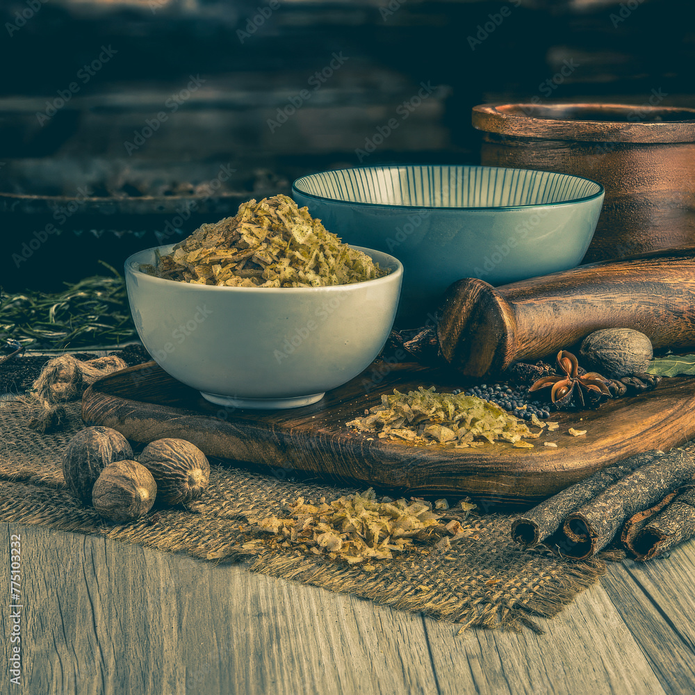 CYPRUS PYRAMID SALT on wooden table background. Herbs, spices and dried ...
