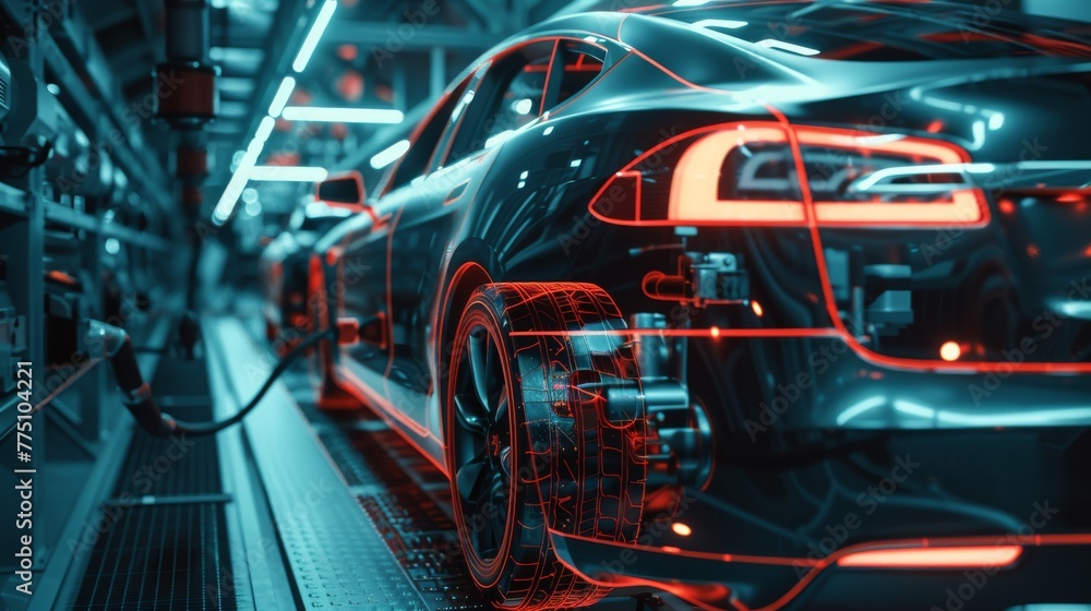 Digitalization of a car factory in side view: Automated robot arm ...