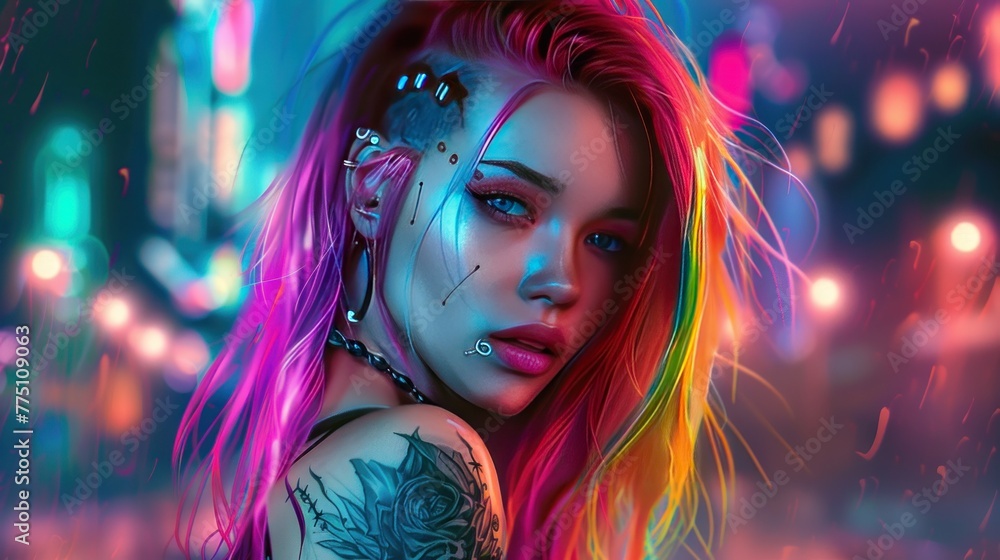 Cyberpunk woman punk with colored hair and tattoos background wallpaper ...