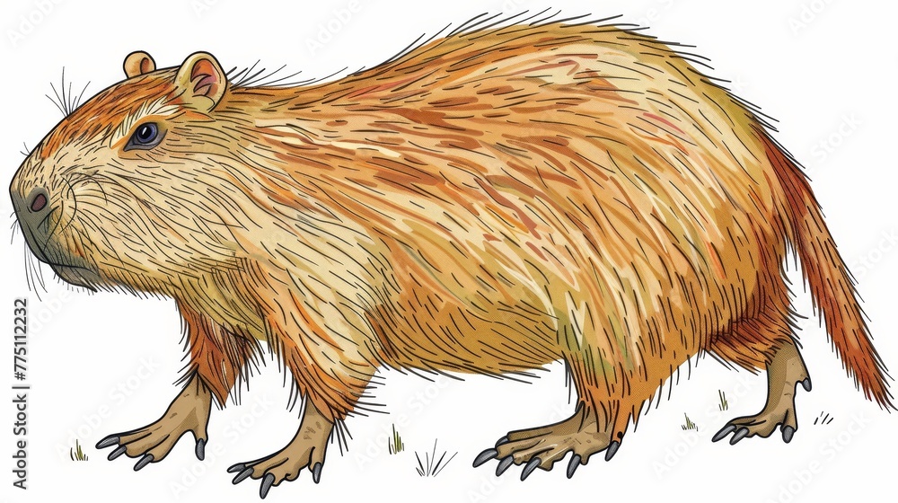 A capybara drawing in grass, head turned, appearing to emerge from ...