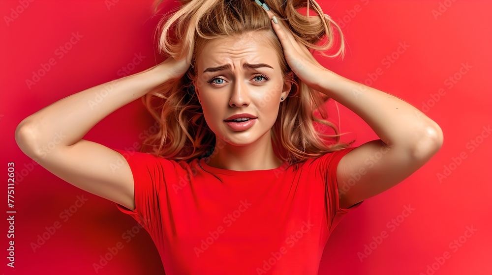 Stressed young woman clutching her head on a red backdrop. Expressing ...