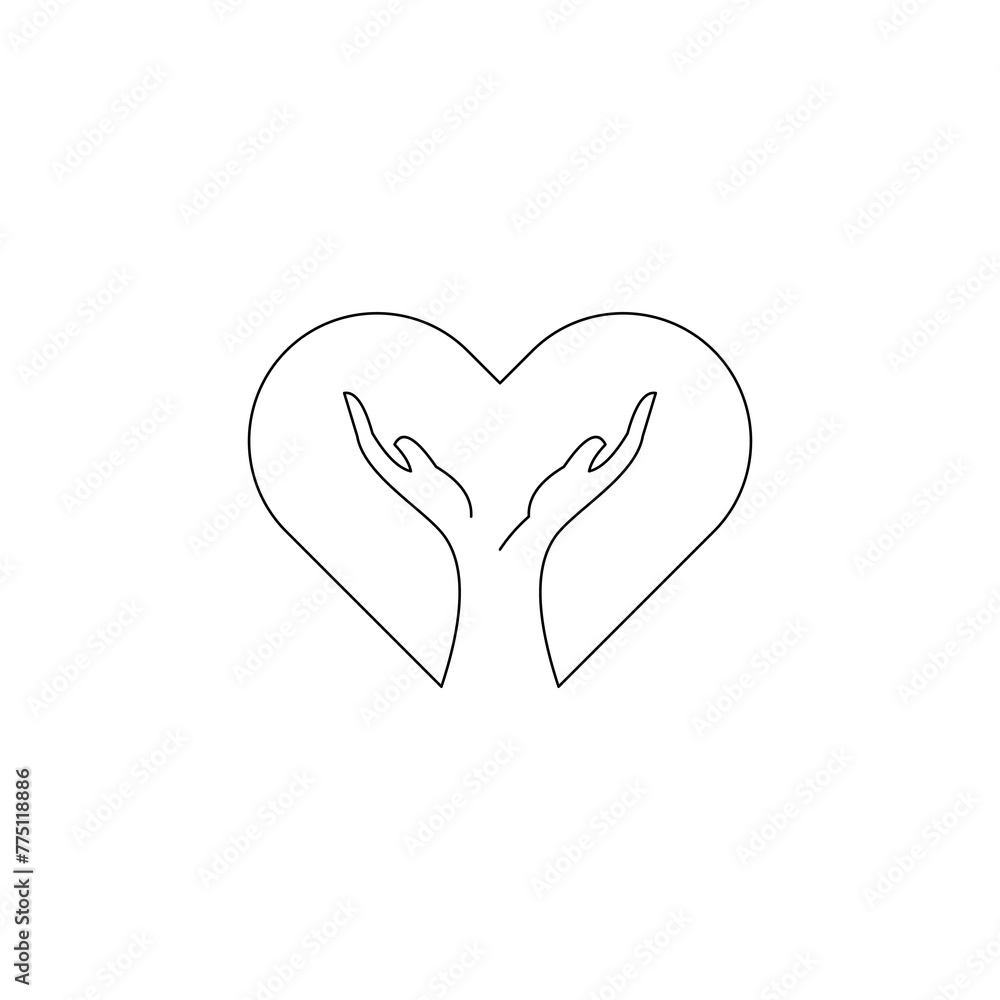 Continuous one line drawing hand holding heart. Charity donation linear ...