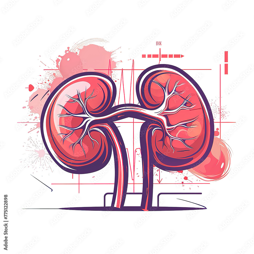 Detailed drawing of kidneys against white backdrop, highlighting renal ...