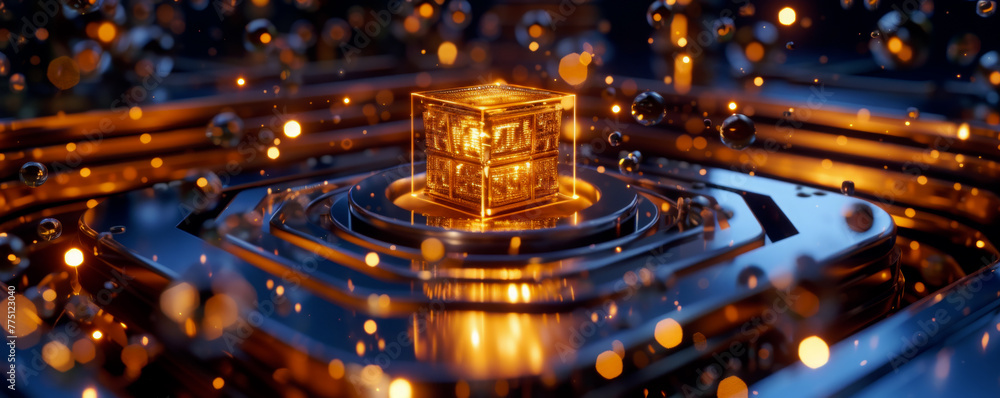 Illuminated golden cube at the center of a quantum processor ...
