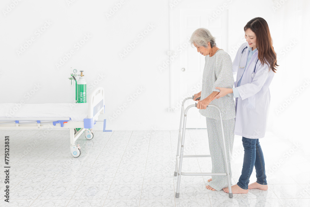 walk training and rehabilitation process, old asian stroke patient ...