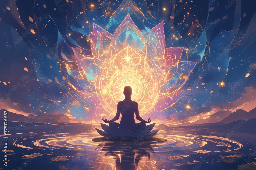 A meditating figure surrounded by glowing chakras, seated on an elegant lotus flower with ...