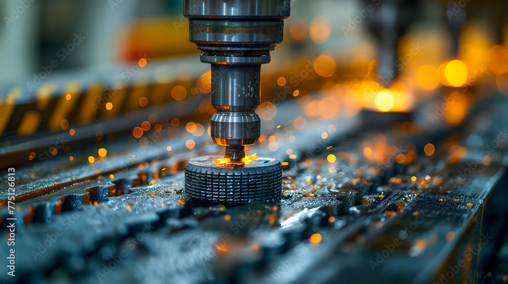 The CNC milling machine cutting the metal part with the sparking light ...