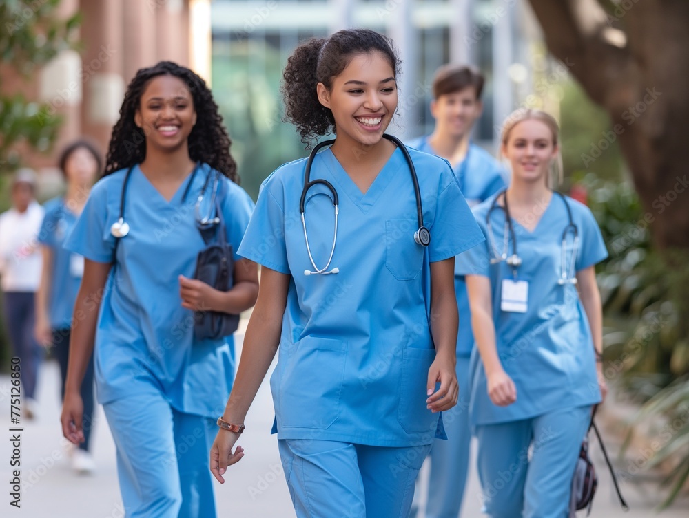 Diverse team of medical students young women in scrubs walk together on ...