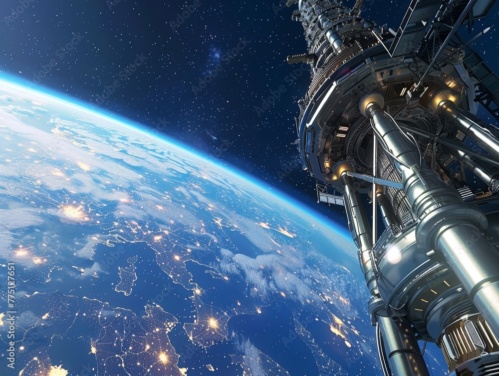 A space elevator on Earth transporting people and goods to a ...