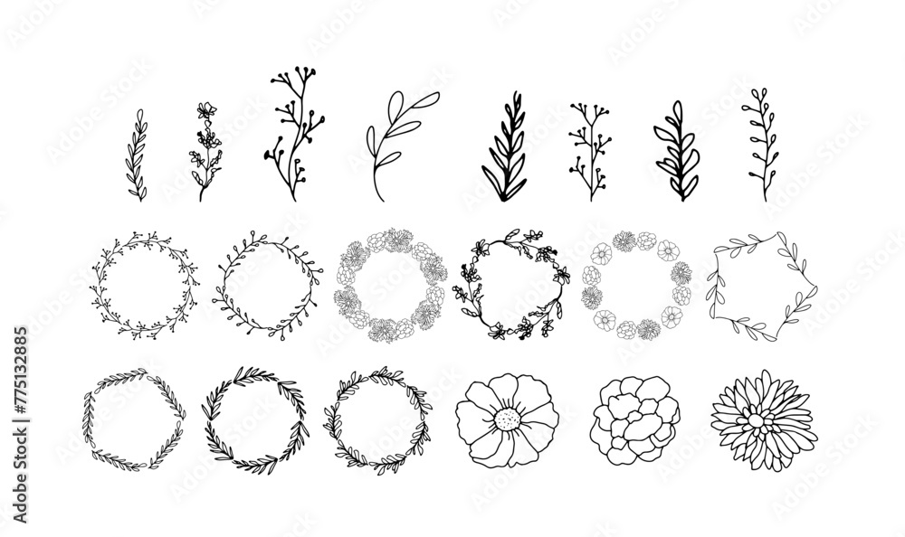 Doodle botanical circle frame. Hand drawn round line border, leaves and ...