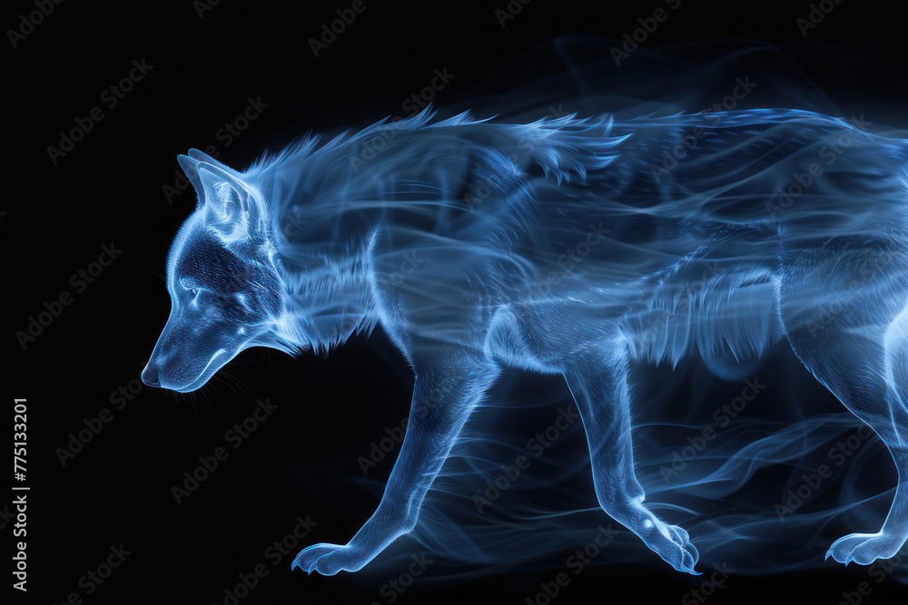 An arctic wolf sniffing the air is depicted in a dynamic swirl of blue ...
