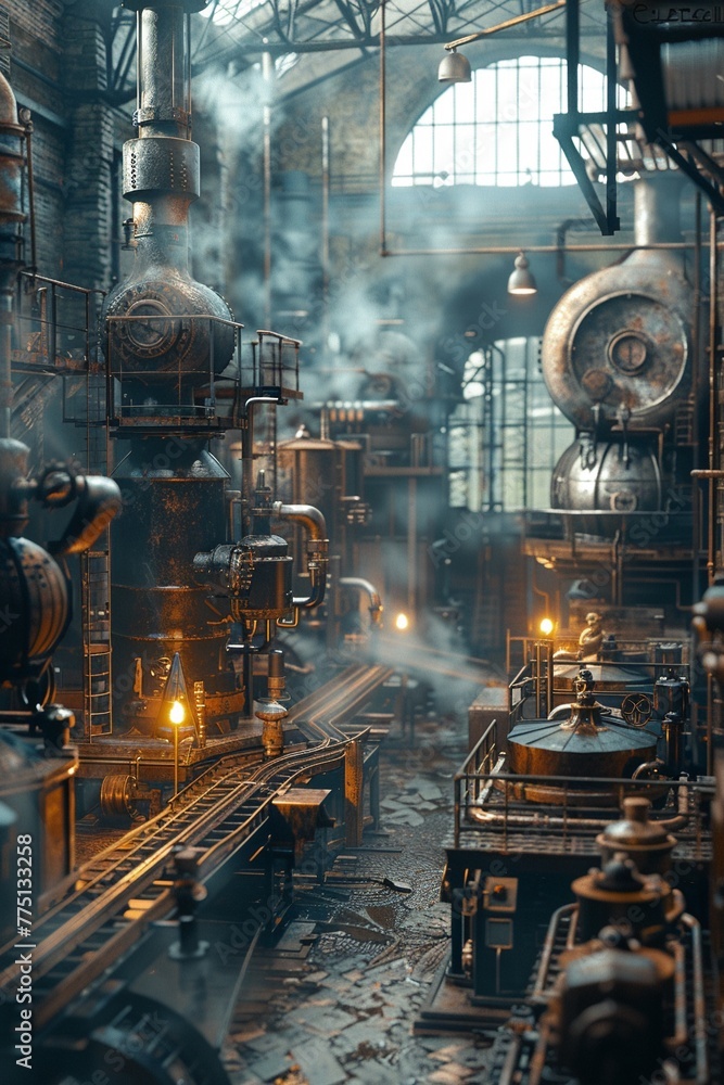 An industrial factory setting with machinery, conveyor belts, and steel ...