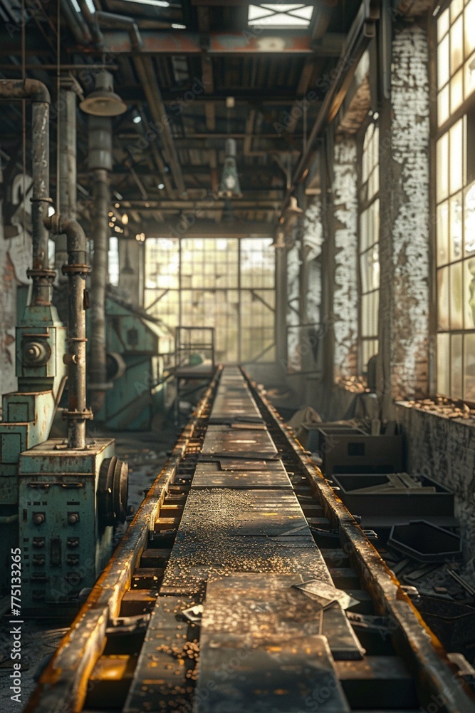An industrial factory setting with machinery, conveyor belts, and steel ...