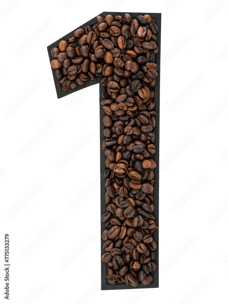 Number 1 made from roasted coffee beans on white isolated background ...