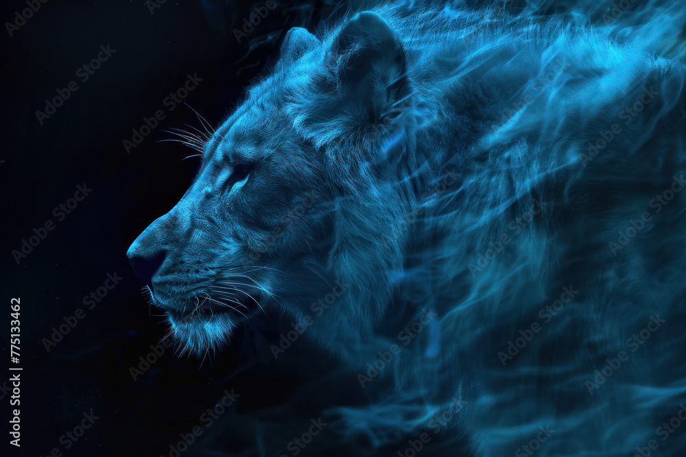 This stunning image captures a neon blue lion's profile with a ...