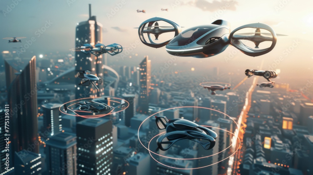 Urban air mobility concept, showing the use of flying cars and drones ...