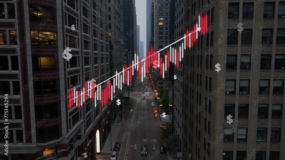 Urban cityscape with a rising stock market graph overlay while ...