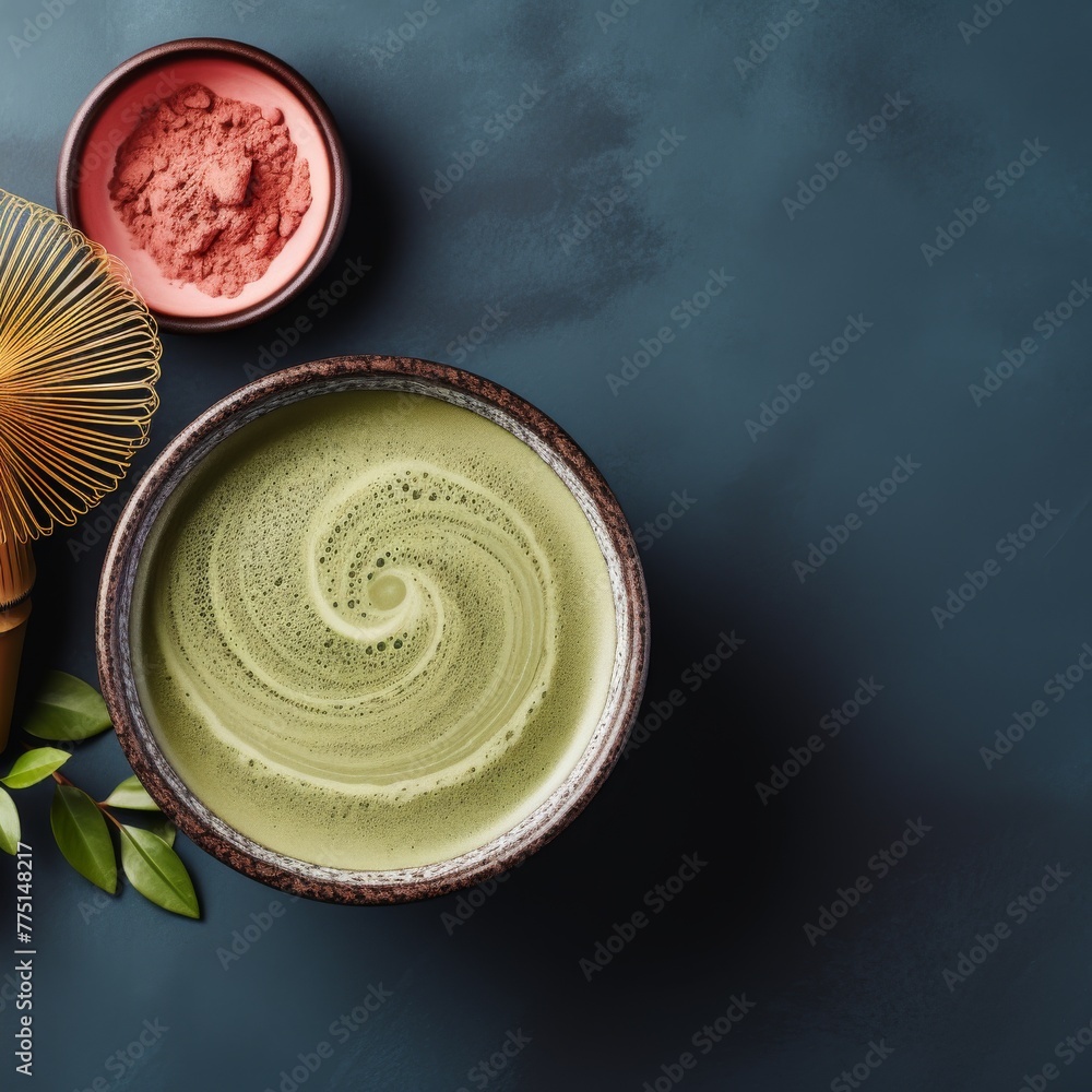 Bowl of green matcha powder with tea accessories. Concept: healthy ...