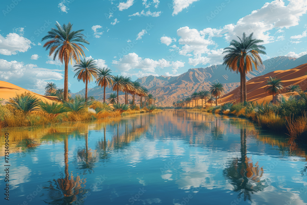 A desert oasis with palm trees providing shade for a vibrant ecosystem ...