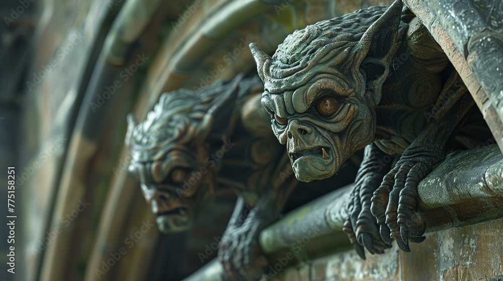 Giant stone gargoyles perched on ornate Gothic arches, weathered by ...