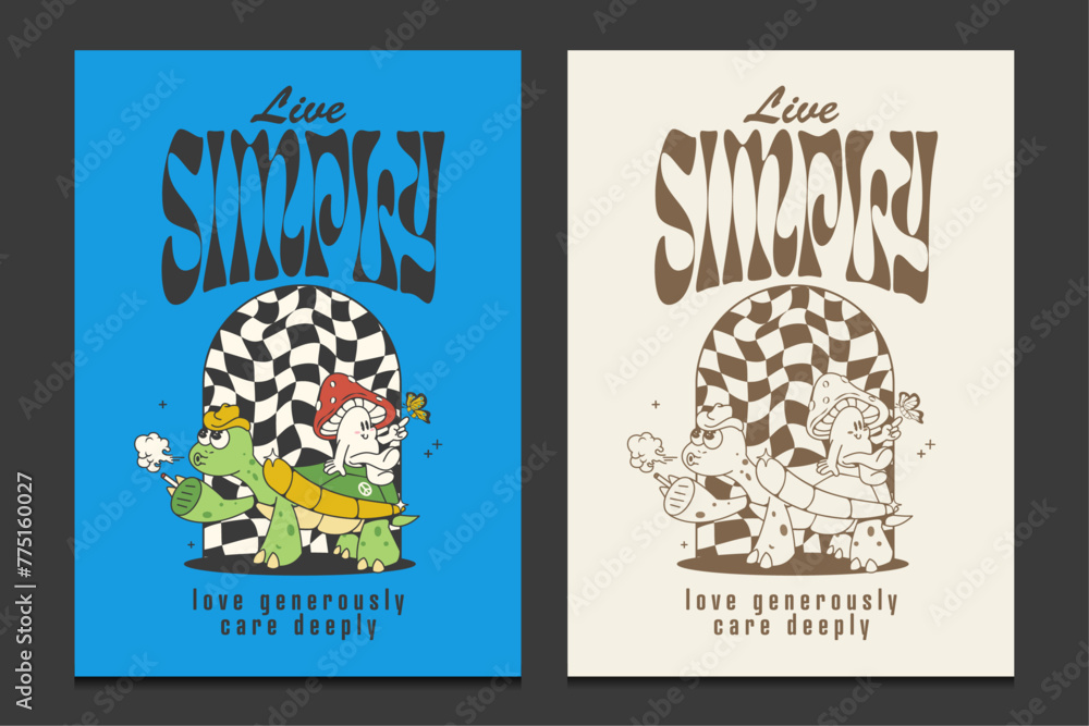 groovy 70s posters with retro cartoon characters of a cute turtle and ...