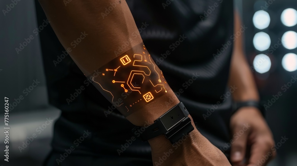 A man's arm is covered in glowing, glowing, glowing, glowing, glowing ...