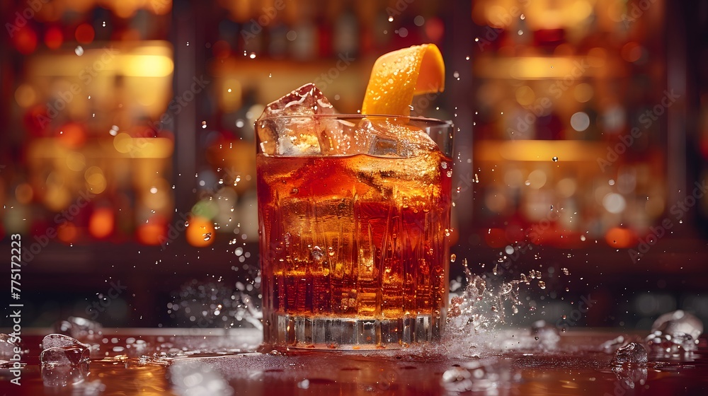 a classic negroni on a deep ruby red background, with a twist of orange ...