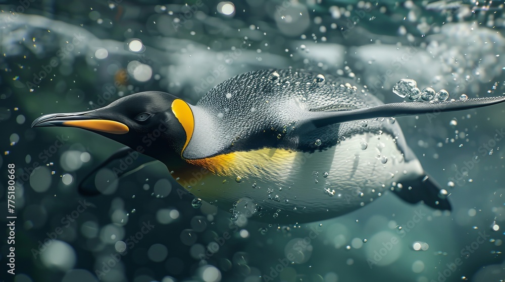 King penguin diving with detailed feathers in vivid underwater scene of ...