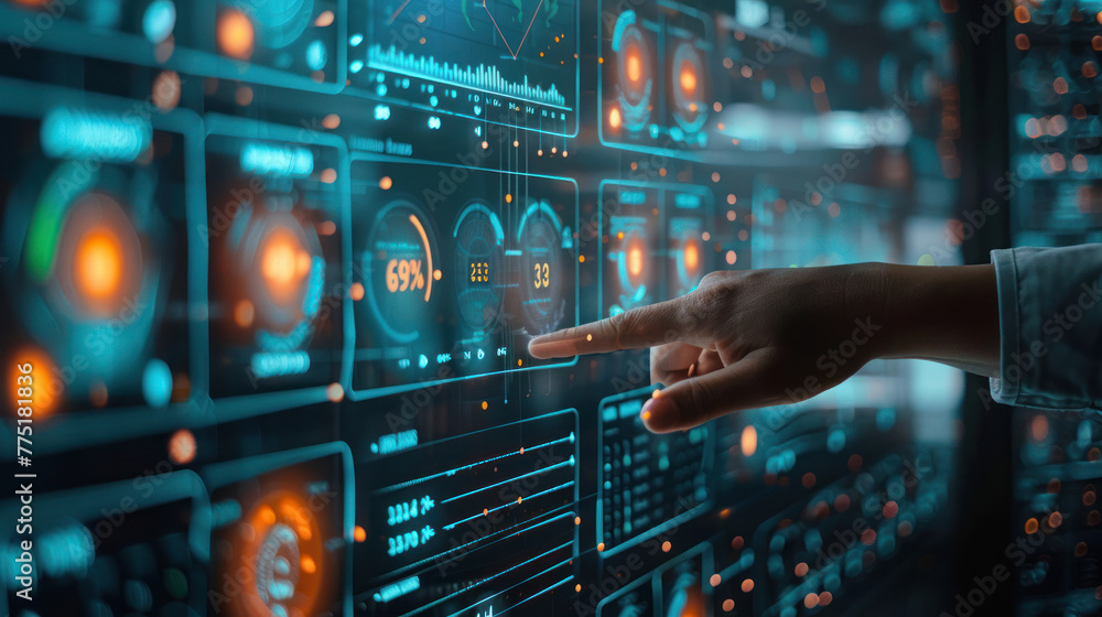 Fingers adjusting settings on a futuristic control panel with glowing ...