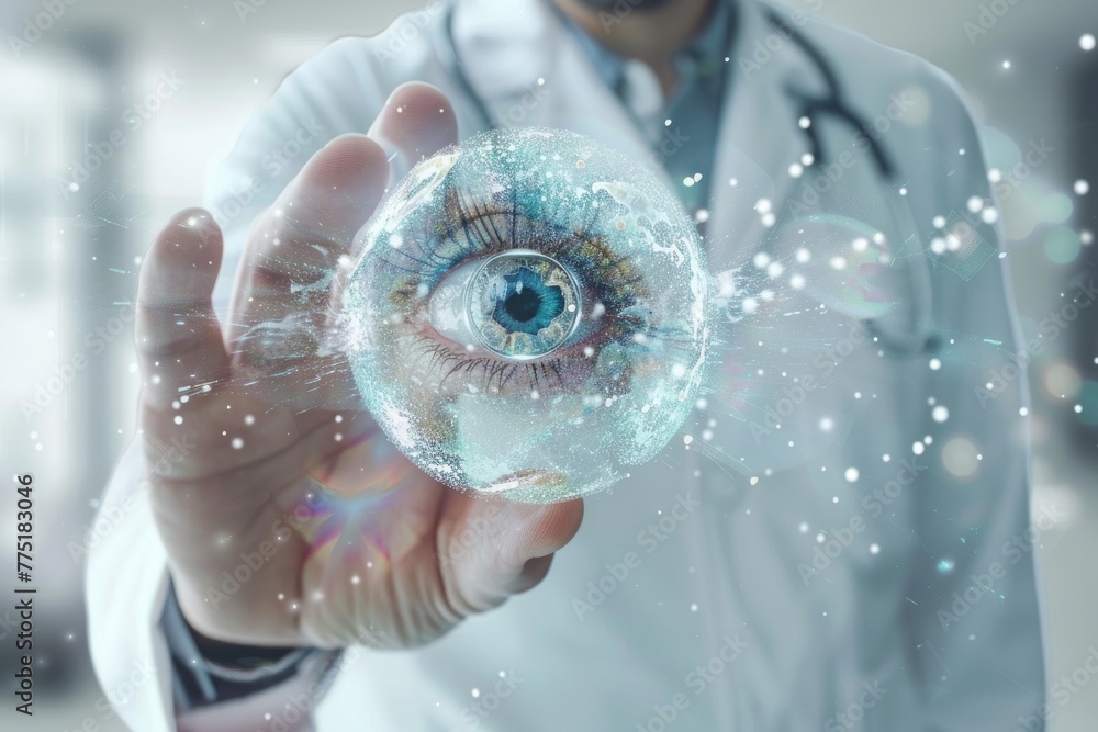 Doctor holding a levitating eye hologram, discussing advancements in ...