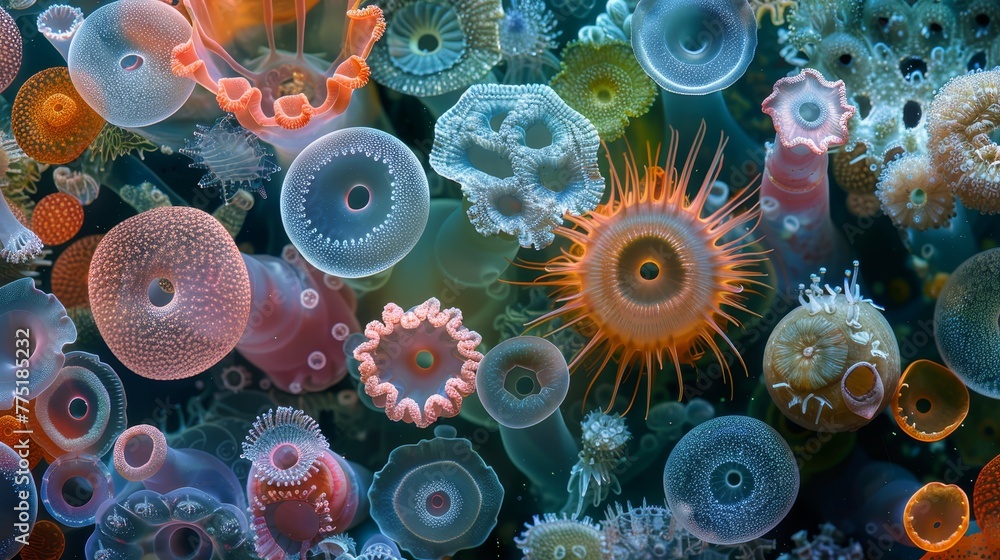 A colorful underwater scene with many different types of sea creatures ...