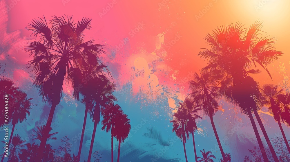 A tropical scene with palm trees and a colorful sky. The sky is a mix ...