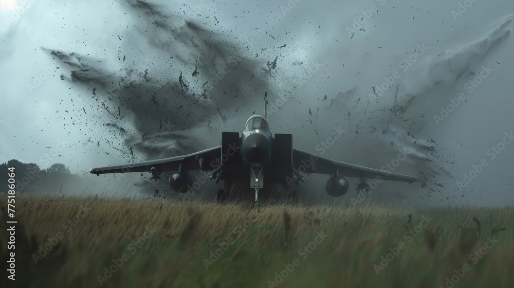 A jet is taking off from a runway, with smoke and debris flying out ...