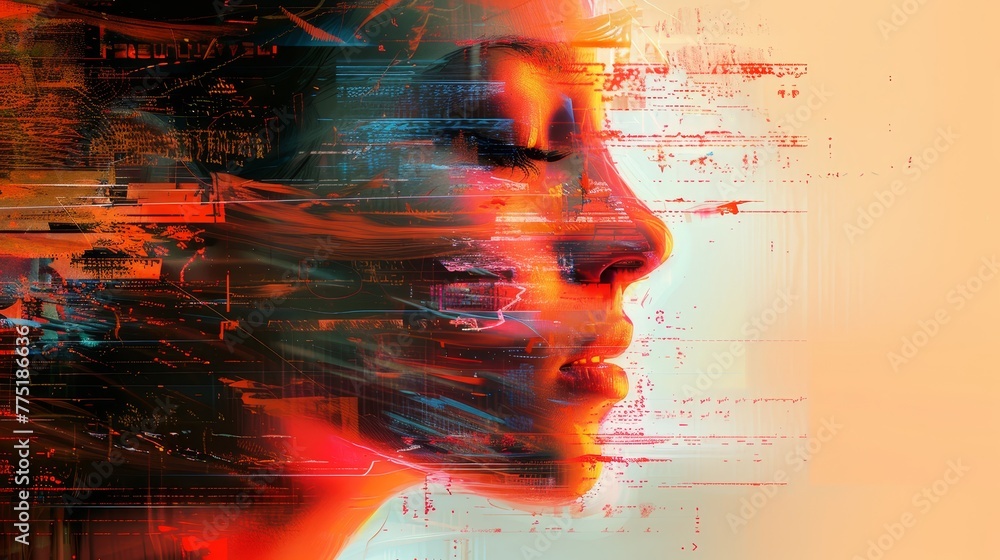 A woman's face is blurred and pixelated, giving the impression of a ...