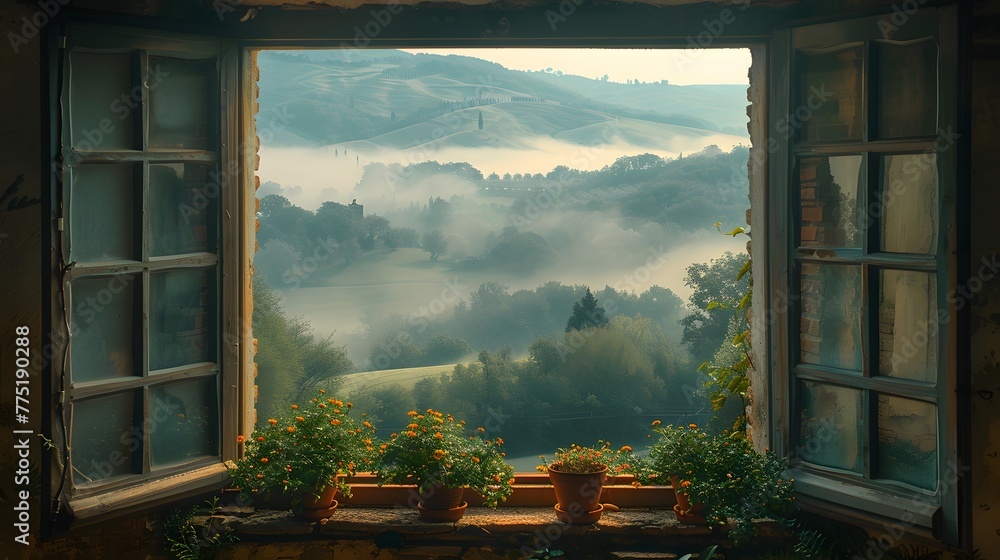 beauty of a misty morning view from a window, overlooking rolling hills ...