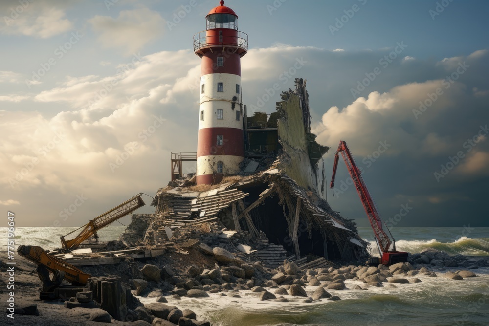 Construction of a lighthouse, Construction of a coastal lighthouse ...