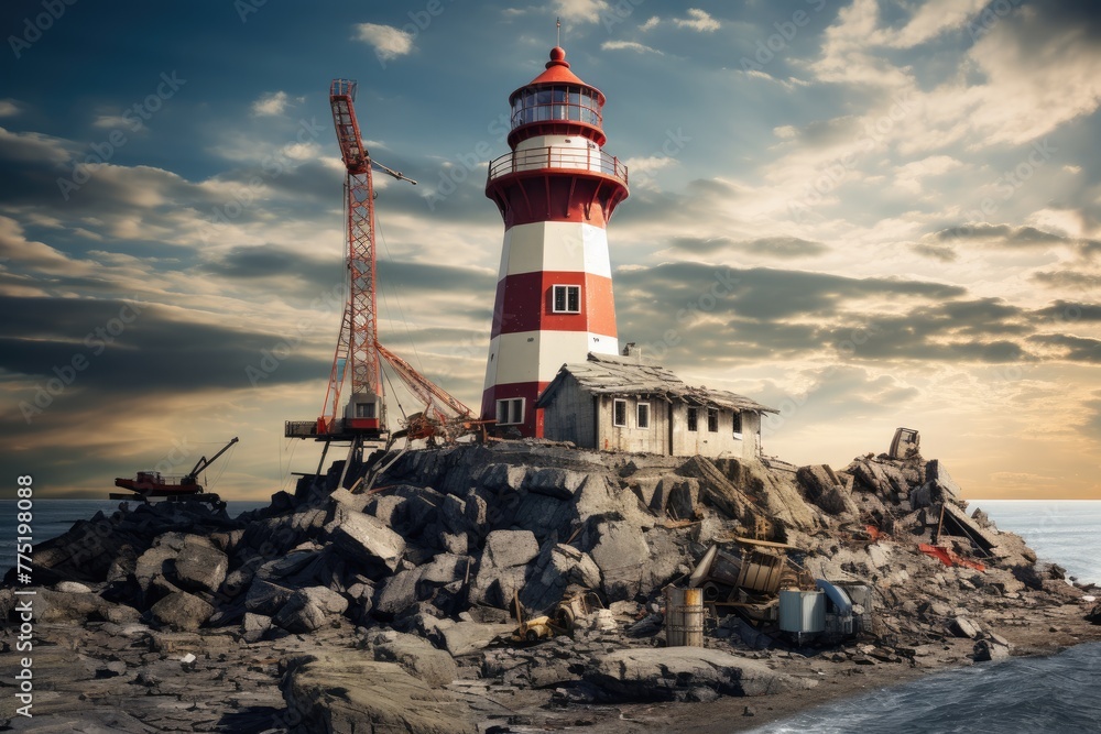 Construction of a lighthouse, Construction of a coastal lighthouse ...