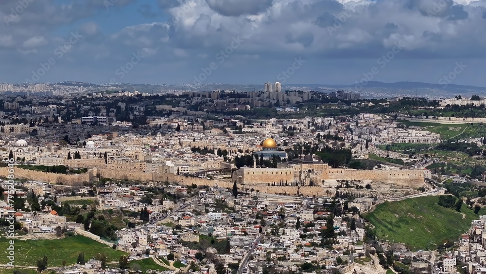 The old city of Jerusalem aerial flight,ramadan Drone view of old city ...